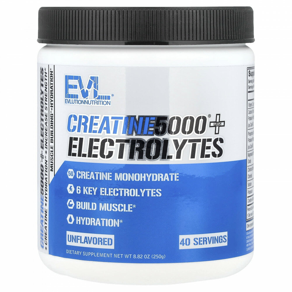 EVLution Nutrition, Creatine5000® с электролитами, без добавок, 250 г (8,82 унции)