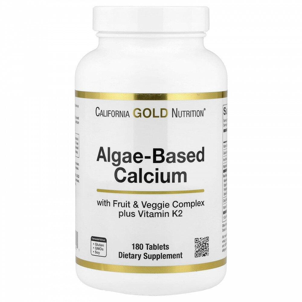 California Gold Nutrition, кальций из водорослей, добавка с кальцием, витамином D3 и магнием, органическая клубника, малина и голубика, 180 таблеток