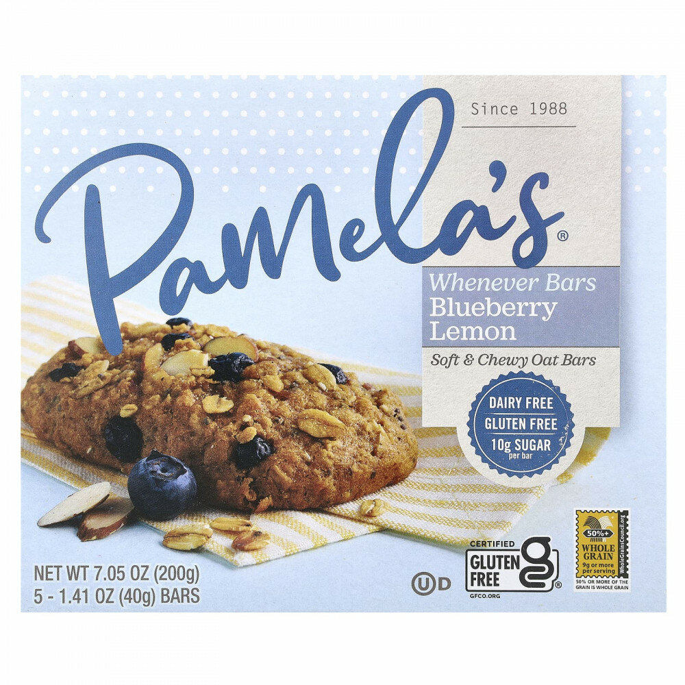 Pamela's Products, Whenever, овсяные батончики, со вкусом голубики и лимона, 5 шт. по 40 г (1,41 унции)