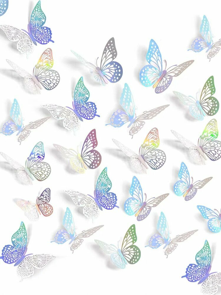 3D Бабочки на стену для декора, 48 шт. Цвета: Золото, Серебро, Розовое золото, Голография. Интерьерные наклейки для фотозоны