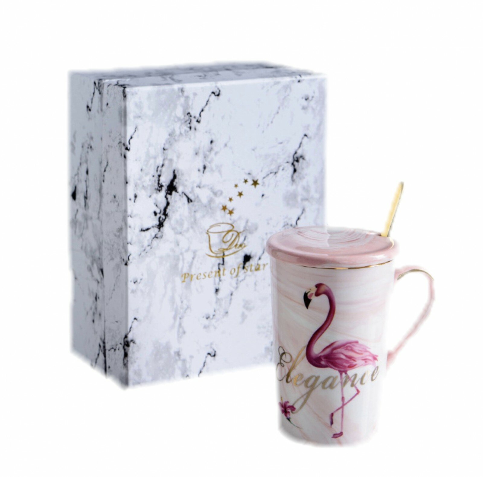 Керамическая кружка MyPads M-t0020 с мраморным рисунком и изображением розового фламинго с крышкой и ложкой