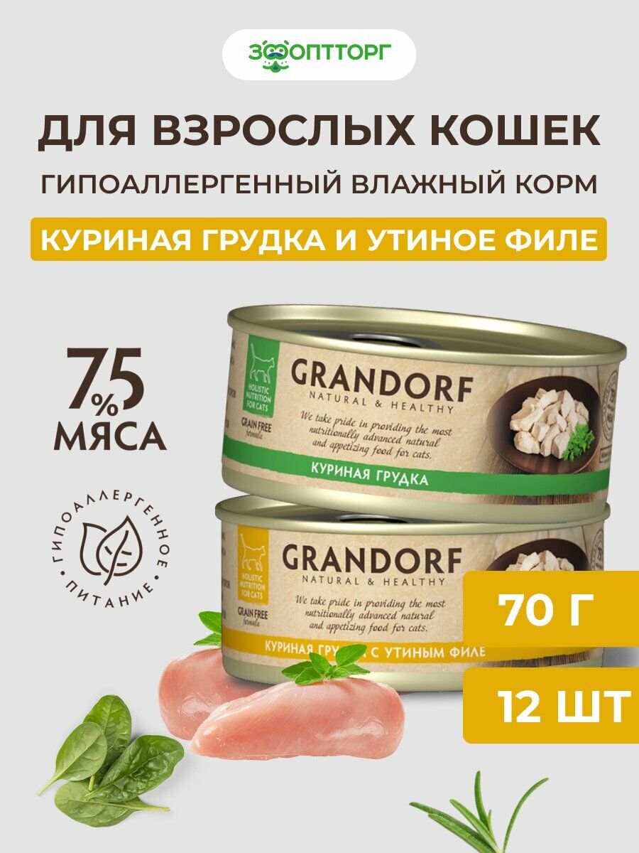 Комбо-набор Grandorf консервы для кошек ассорти вкусов, Куриная грудка и утка, 12 х 70 г.