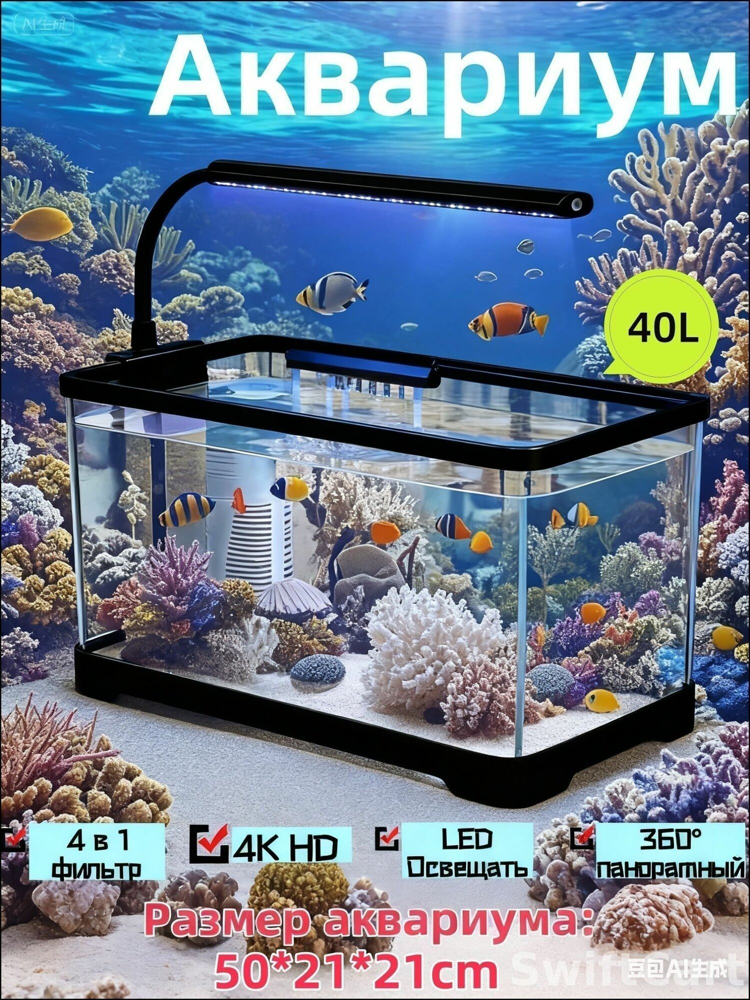 Панорамный аквариум 50x21x21 см с премиум подсветкой и фильтром, черный корпус