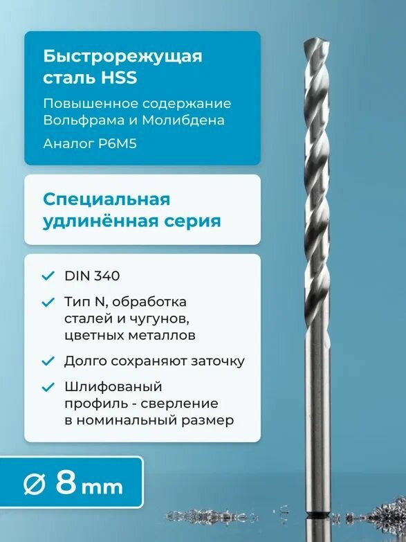 Сверло по металлу 8 мм NORGAU Industrial HSS удлинённое, шлифованное, с центрирующей подточкой перемычки, правое, DIN 340