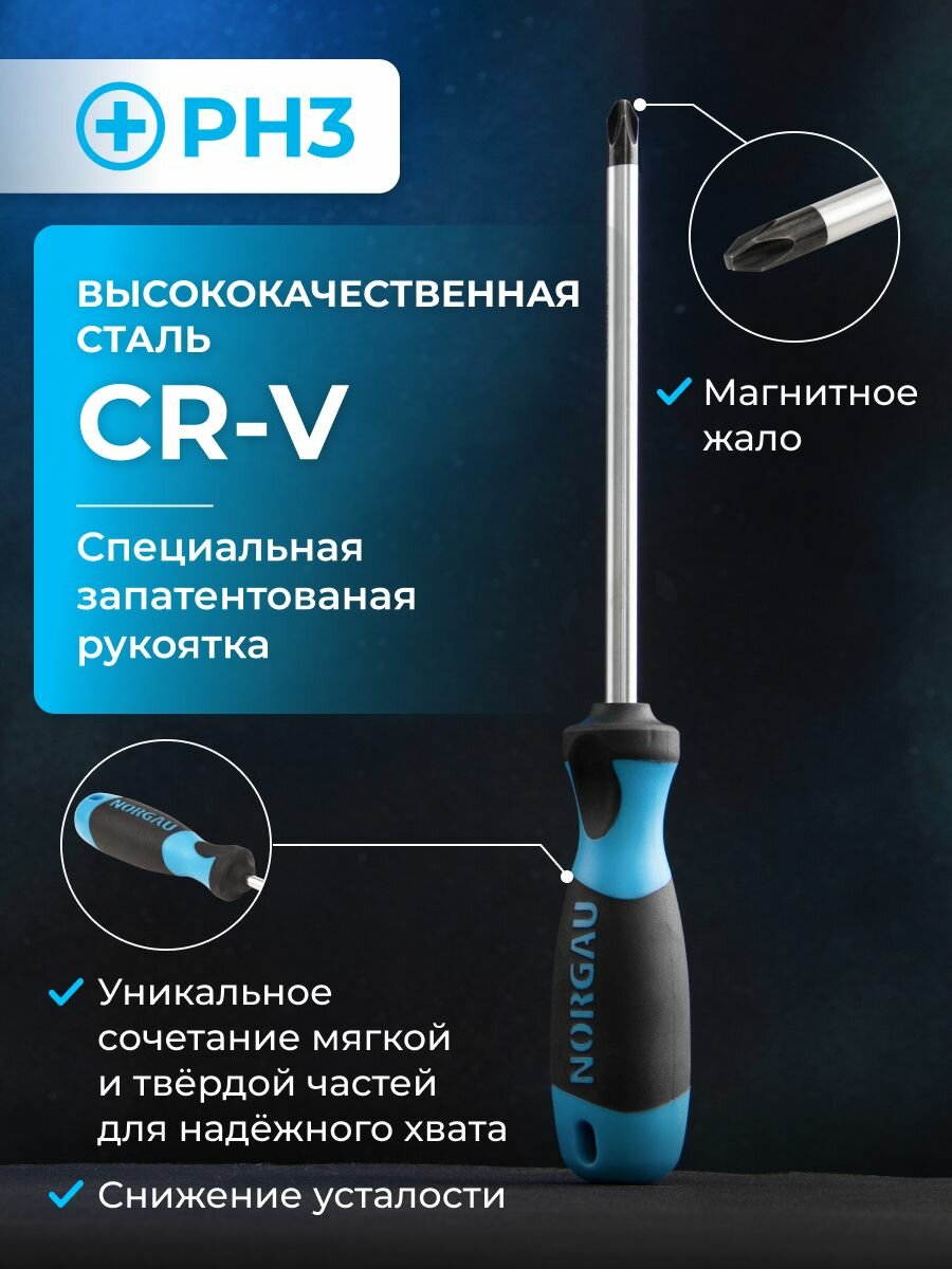 Отвертка крестовая PH3 NORGAU Industrial из стали CrV с запатентованной рукояткой и магнитным жалом