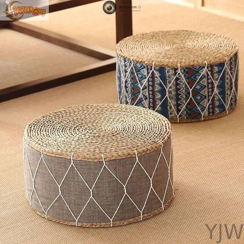 Пуф плетеный для гостиной и спальни, лен, 40х40х20.02 см, круглый