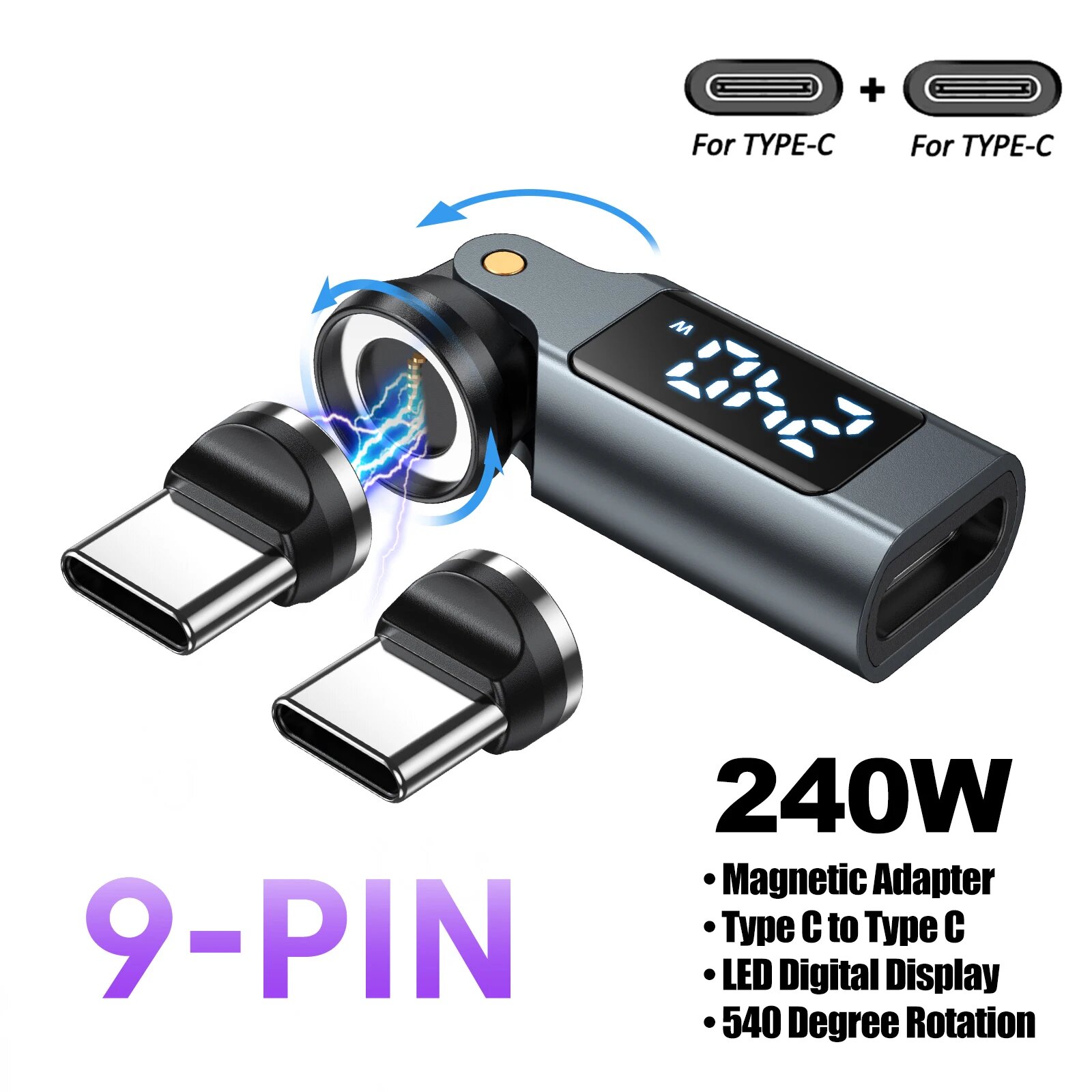 Магнитный адаптер Type-C 9-pin, 240W, USB-C на Type-C, 540°
