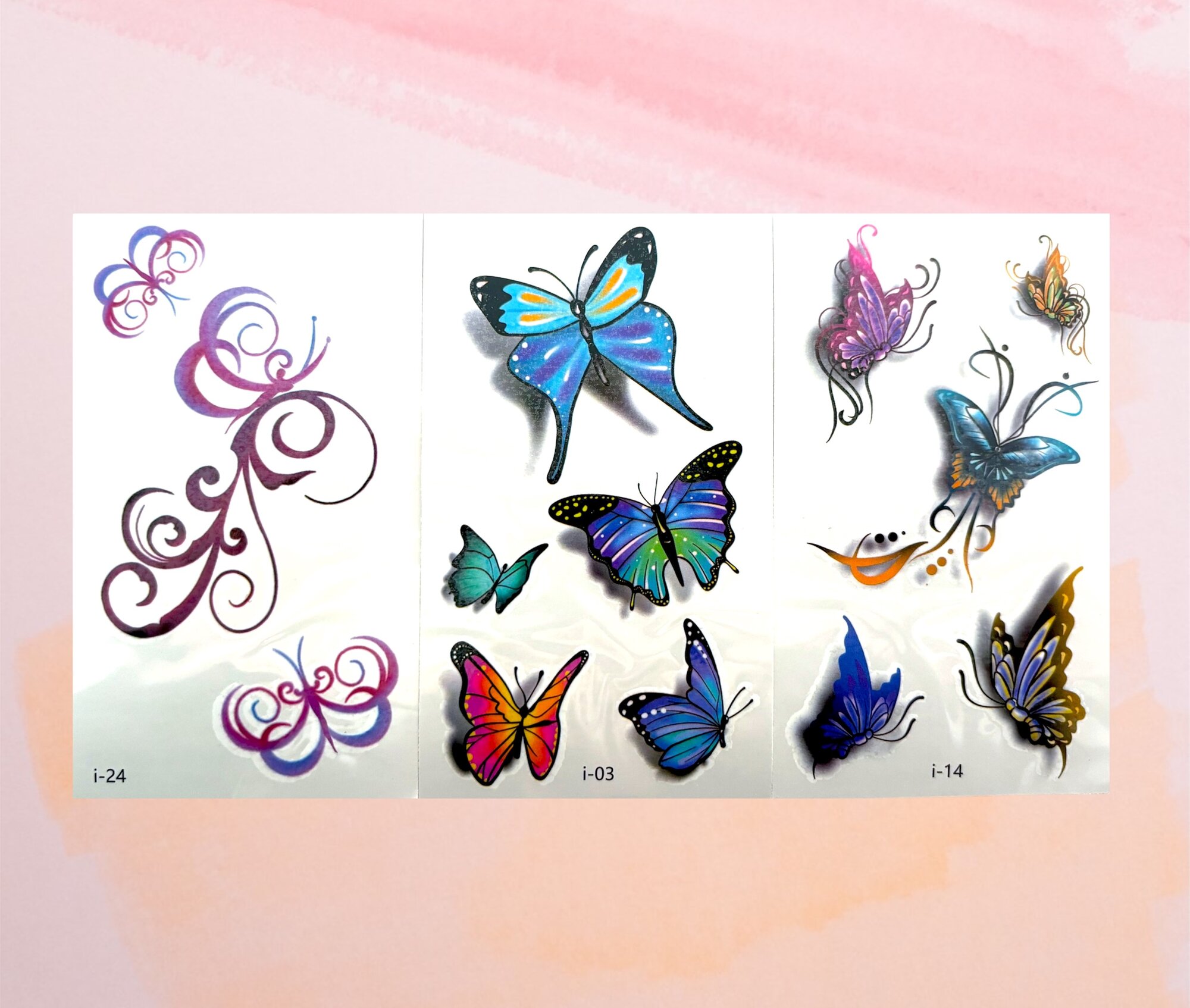 Комплект переводных тату с бабочками 3 листа временное украшение для кожи размер упаковки 10 см х 6 см х 0.5 см