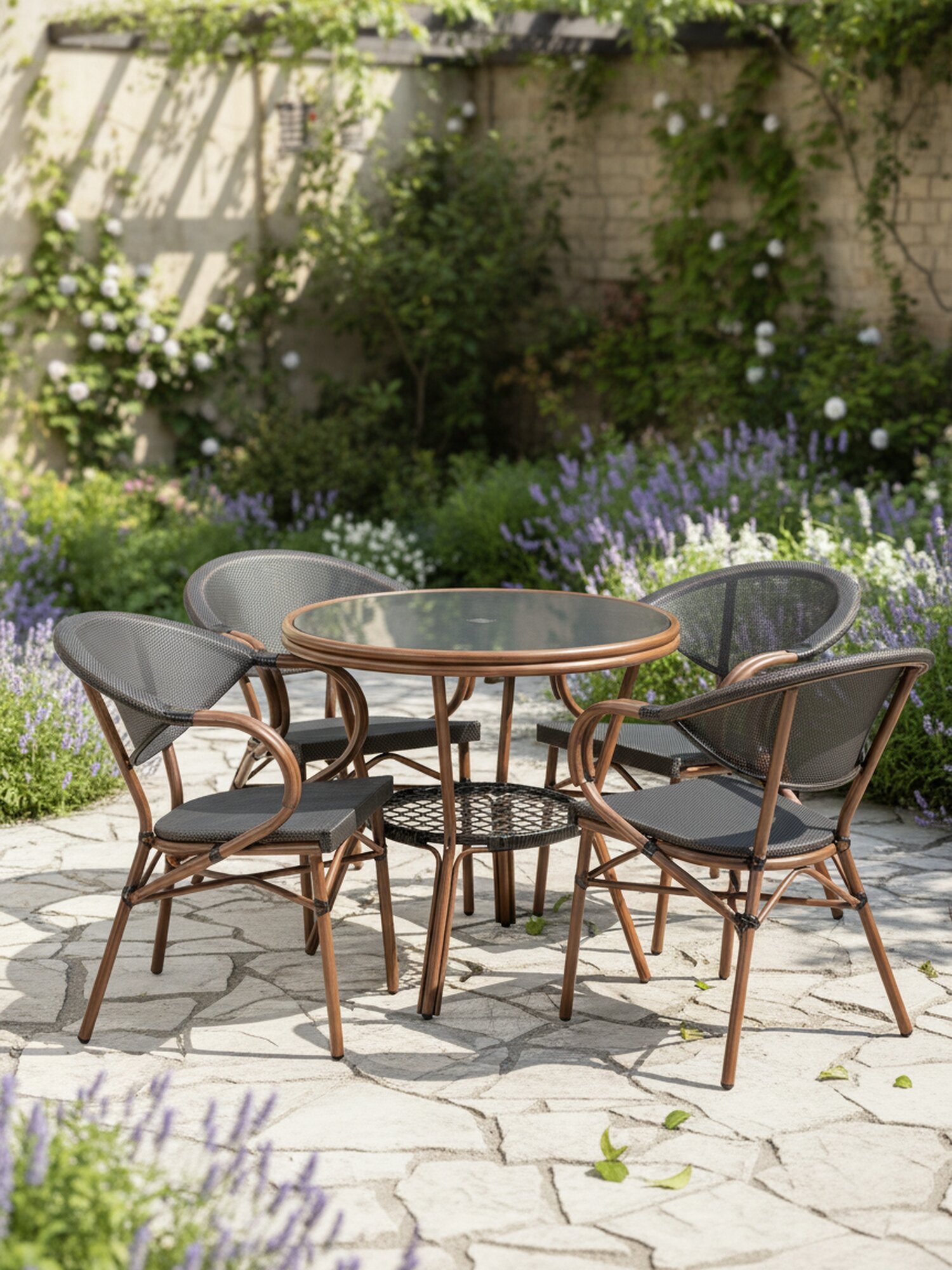 Комплект садовой мебели: квадратный стол 80х80 см со стеклом и 4 удобных стула с подлокотниками для дачи и террасы