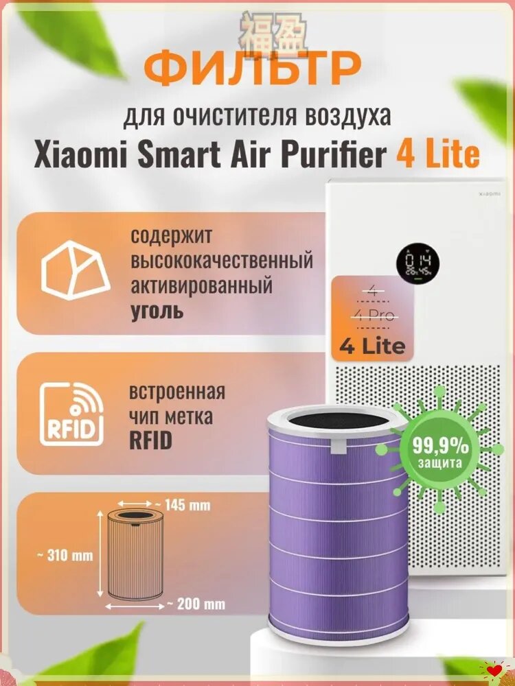 Фильтр для очистителя воздуха Xiaomi Smart Air Purifier 4 Lite, с RFID меткой, фиолетовый