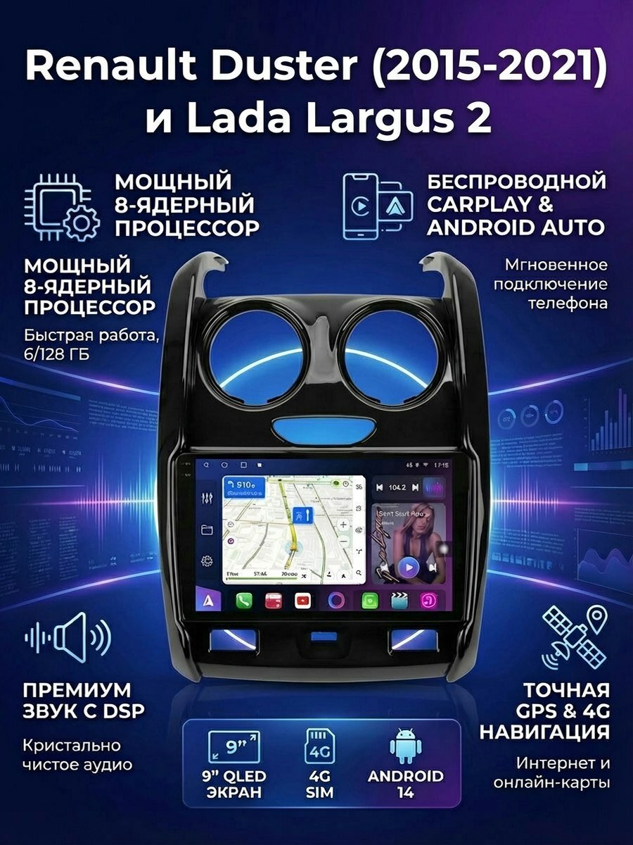 Магнитола Рено Дастер (Renault Duster) 2015-2021 и Lada Largus 2 на Android 14 WiFi + 4G, + камера, CarPlay/Android Auto