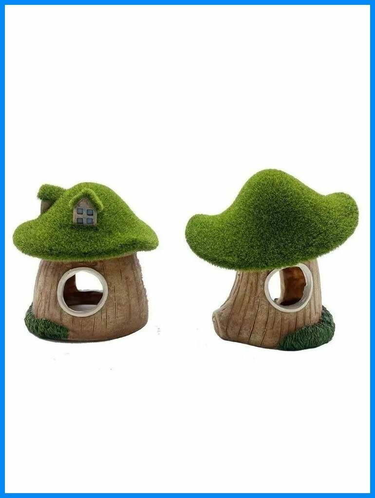 Домик грот для рыбок зеленый гриб со мхом декорация в аквариум