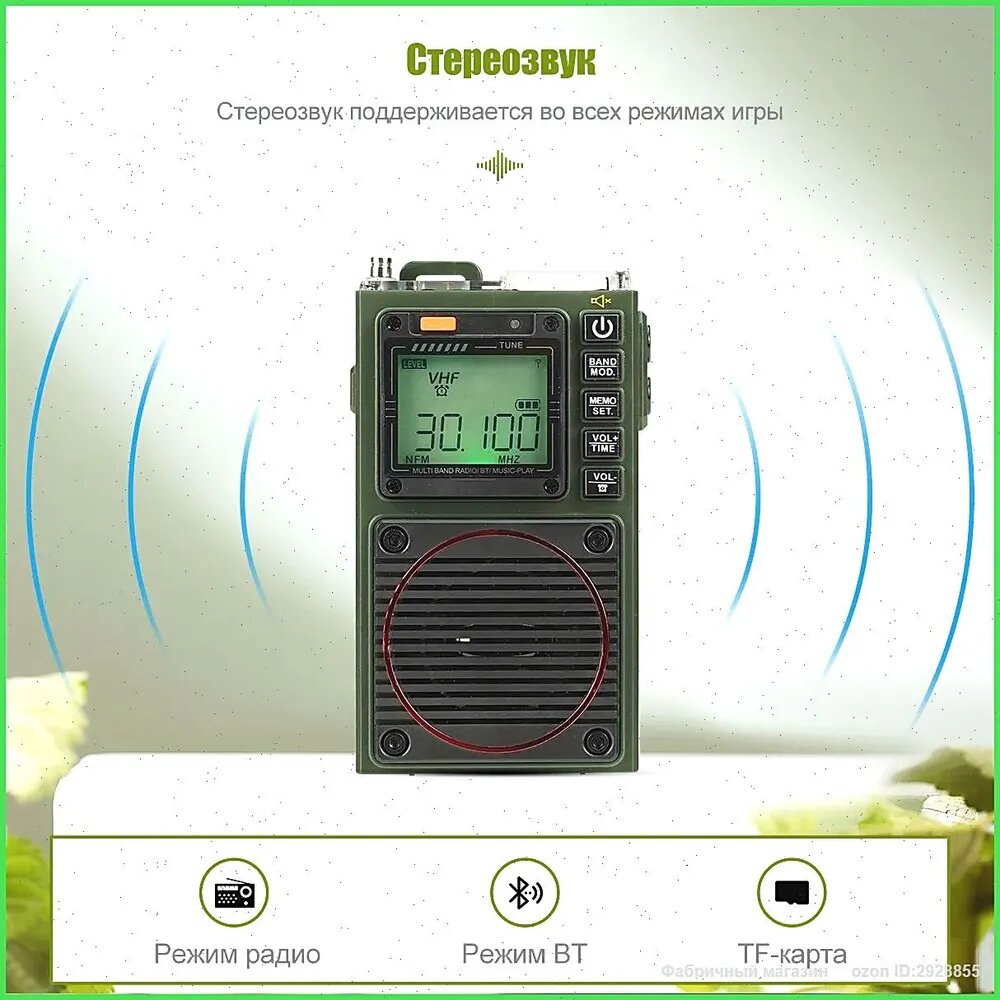 Магнитола переносная Зеленый радиоприемник FM/VHF/AM/SW/WB с дисплеем, поддержкой MP3 и TF-карт
