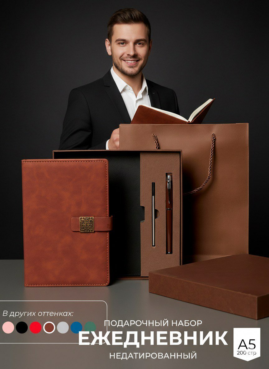 Подарочный набор ежедневник с ручкой недатированный А5 коричневый