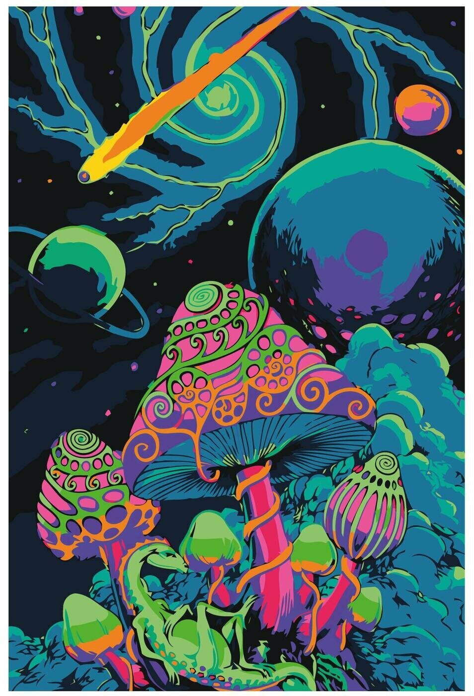 Картина по номерам, 40 x 60, FU25, грибы, психоделический, лес, комета, планеты, космос, поп-арт