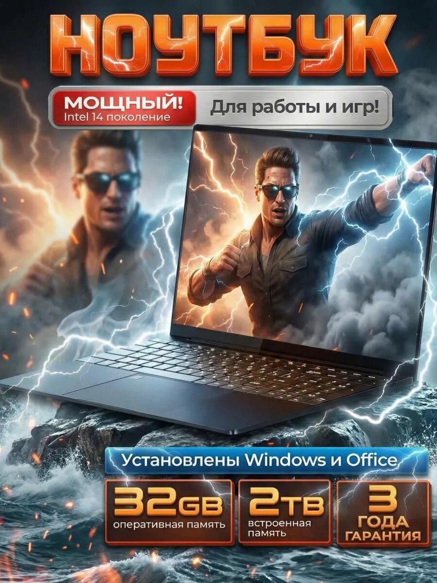 Ноутбук игровой 2026 N-Series, RAM 32GB, SSD 2048GB, IPS + Windows