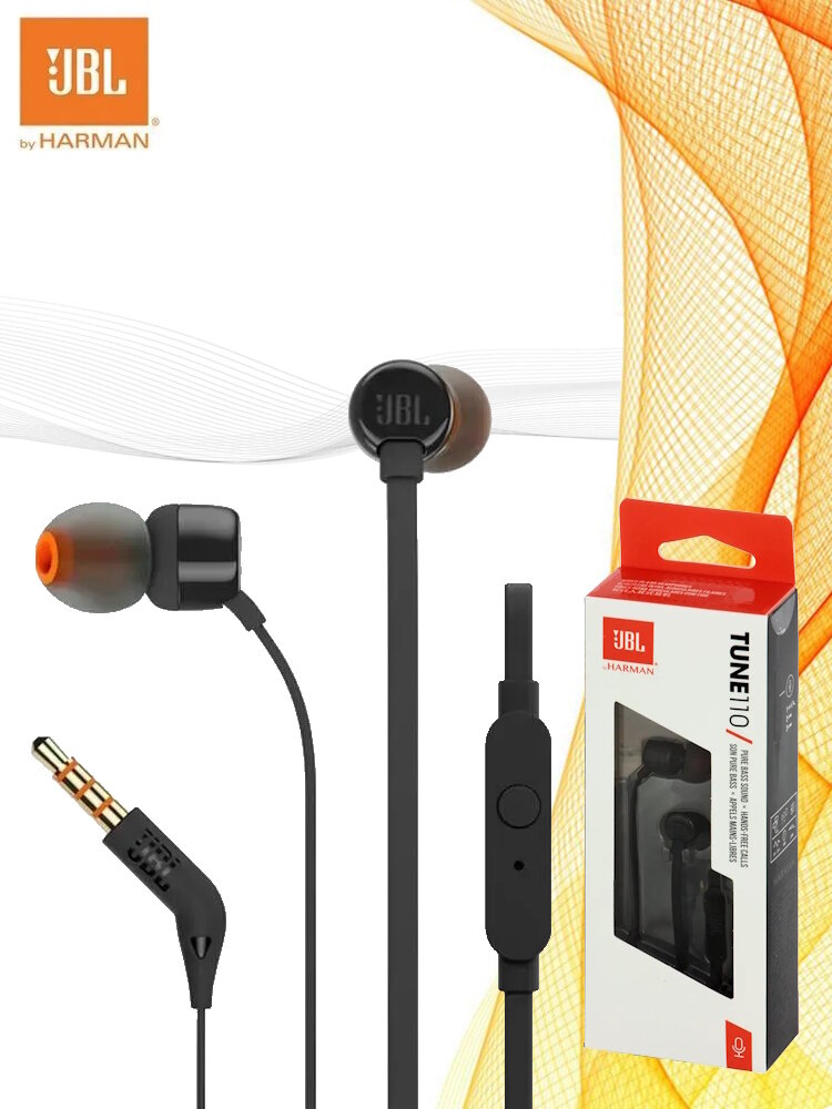 Наушники внутриканальные JBL T110 с микрофоном, 3.5 мм, черный (JBLT110BLK)