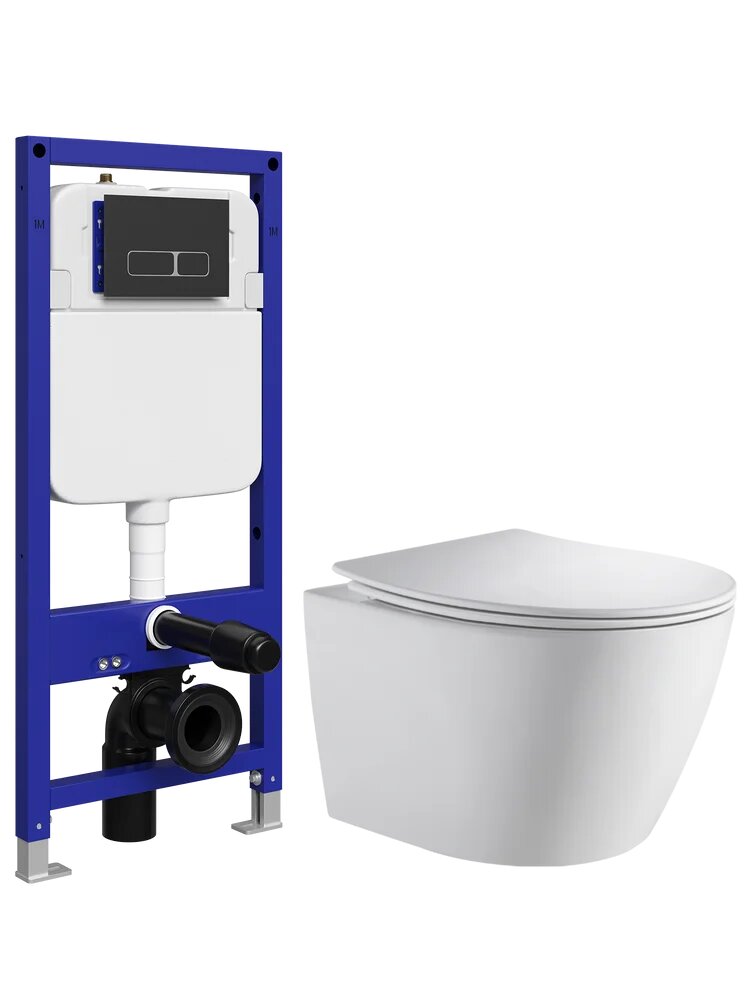 Комплект 4 в 1: Инсталляция STWORKI Кронборг S28500BK / Унитаз подвесной Orange C07-150W / Комплект шумоизоляции, Кнопка матовая черная