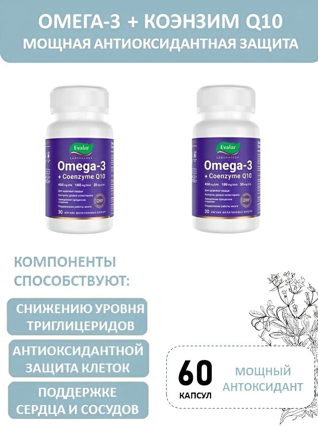 Биологически активная добавка к пище Омега-3 + Коэнзим Q10 / Omega-3 + Coenzyme Q10. 2уп