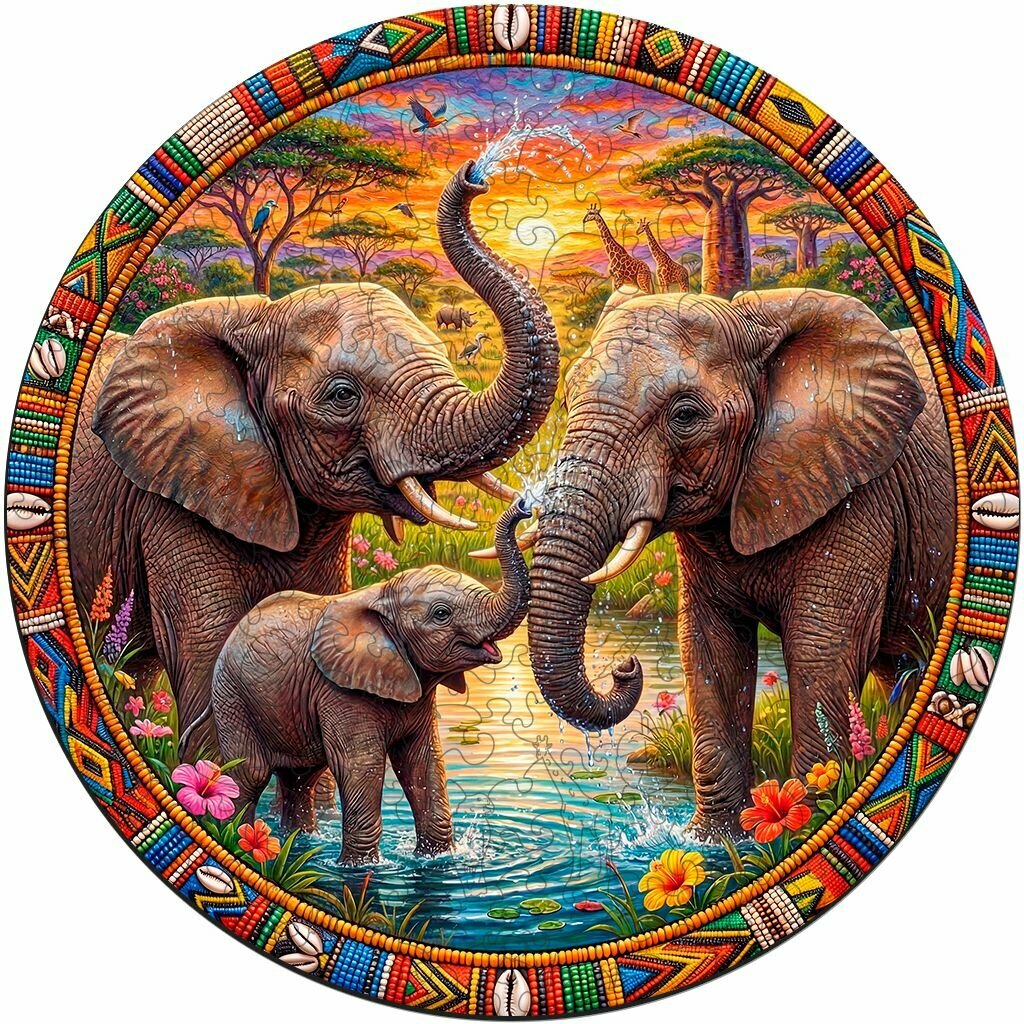 Деревянный пазл BoberBox "Семья слонов", 217 деталей, круглый 30 см