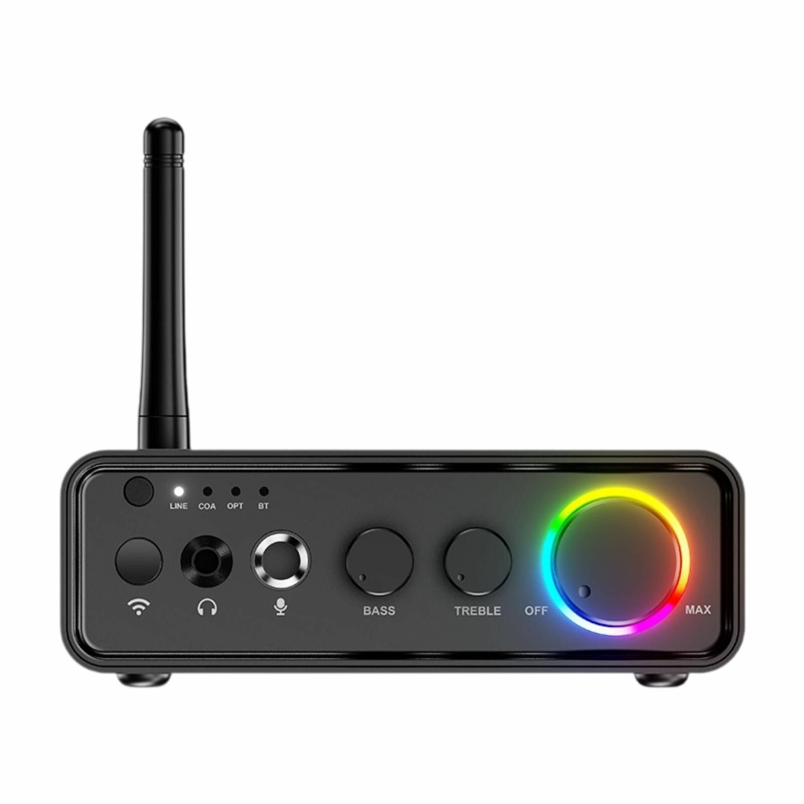 Компактный цифровой усилитель звука M19 BT, 2.0 канала, 2x100 Вт, Bluetooth 5.3, алюминиевый корпус, RGB подсветка, DSP, 3 входа (оптика/коаксиал/RCA)