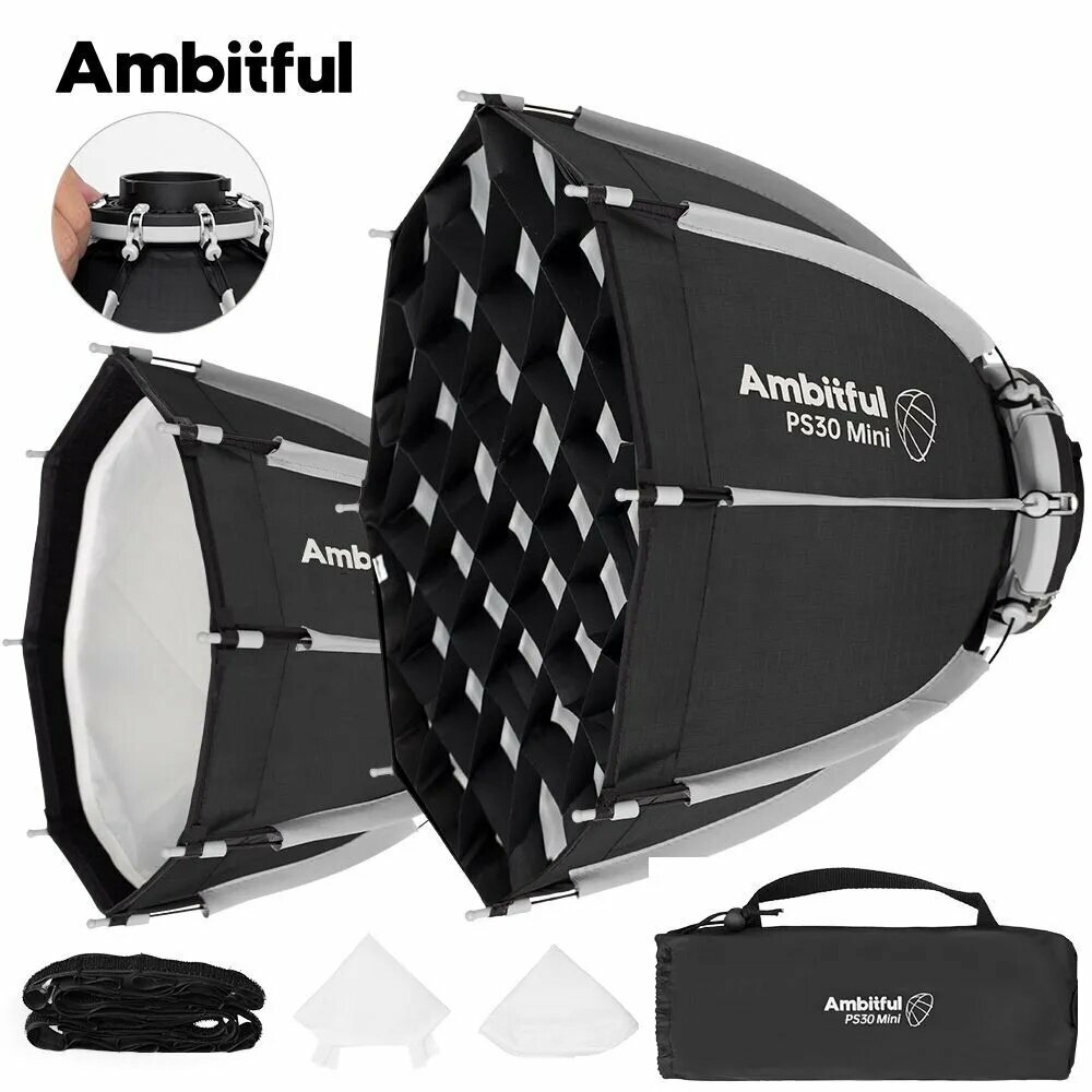 AMBITFUL 30cm PS30 Mini Bowens Mount Mini Softbox Портативный восьмиугольный зонтик Софтбокс + Сотовая Для NANLITE Forza 60, YONGNUO YN150, IFOOTAGE 60/130