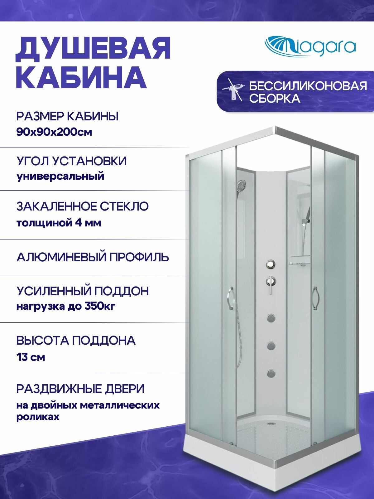 Душевая кабина 90х90 без крыши с гидромассажем Niagara NG-1101-14BKG низкий поддон (13см) стекло матовое