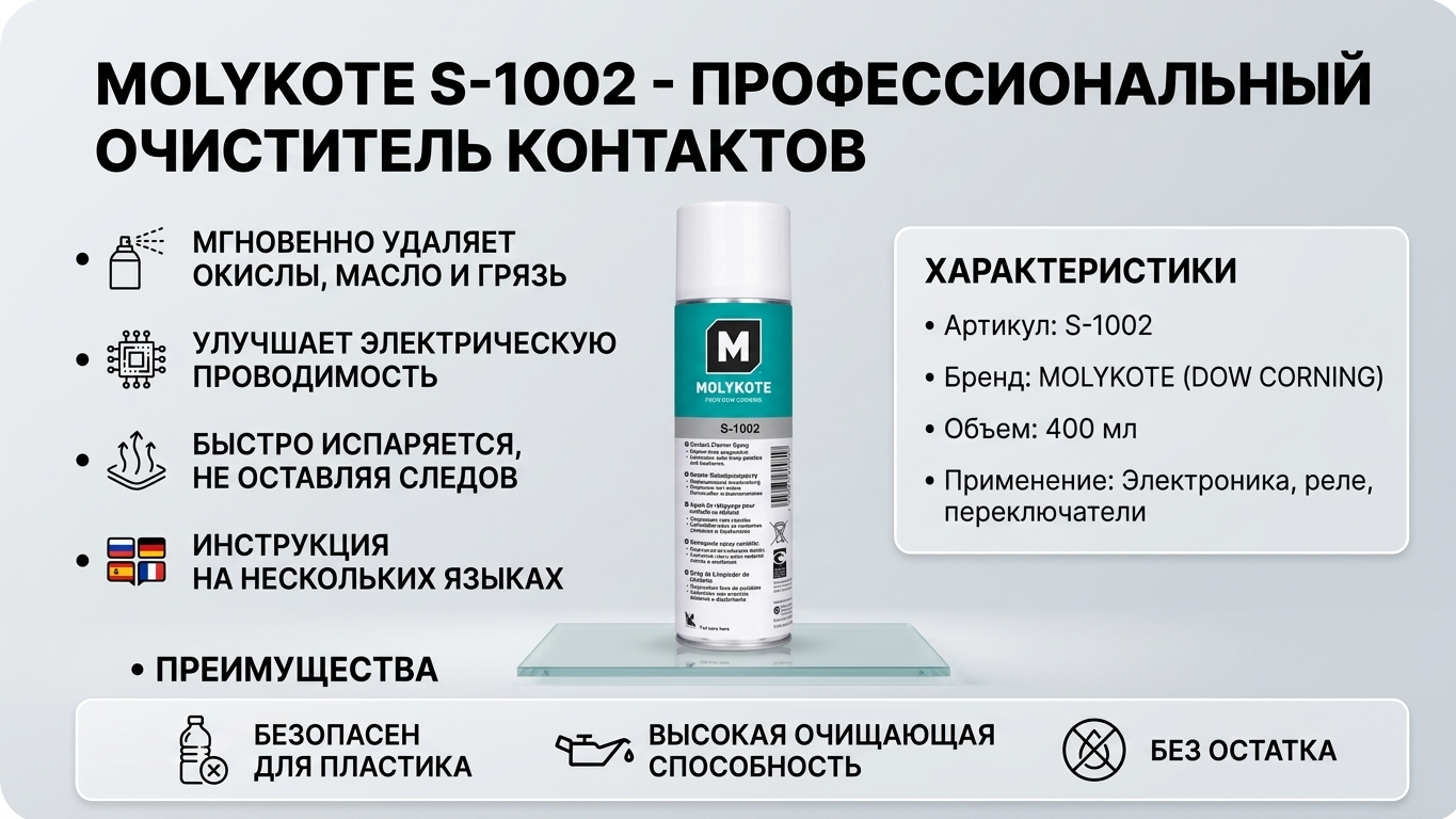 Очиститель электрических контактов Molykote S-1002 Spray, 400 мл / Спрей для очистки и обезжиривания электроники