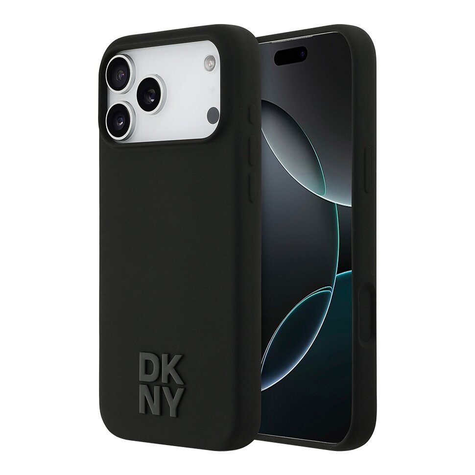 DKNY силиконовый чехол с MagSafe для iPhone 17 Pro Max, Liquid Silicone Stack Metal logo, черный