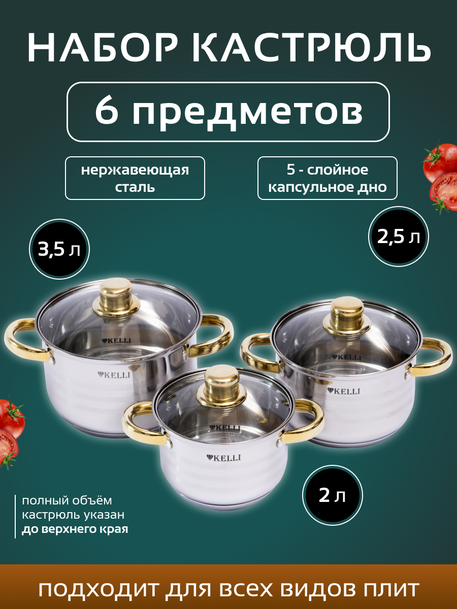Набор кастрюль KELLI, нержавеющая сталь, капсульное дно, 2/2.5/3.5 л 3 шт