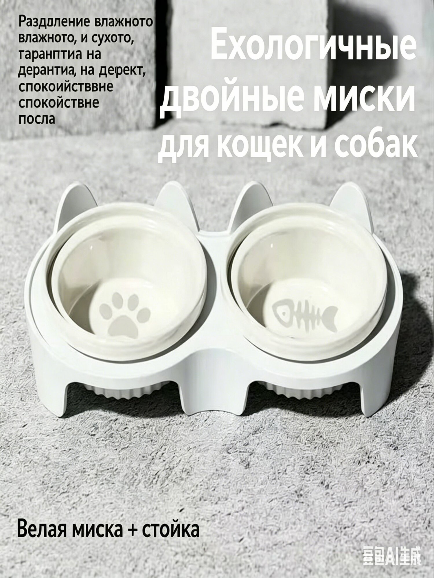 Миска двойная для кошек и собак, пластиковая с подставкой, для воды и корма