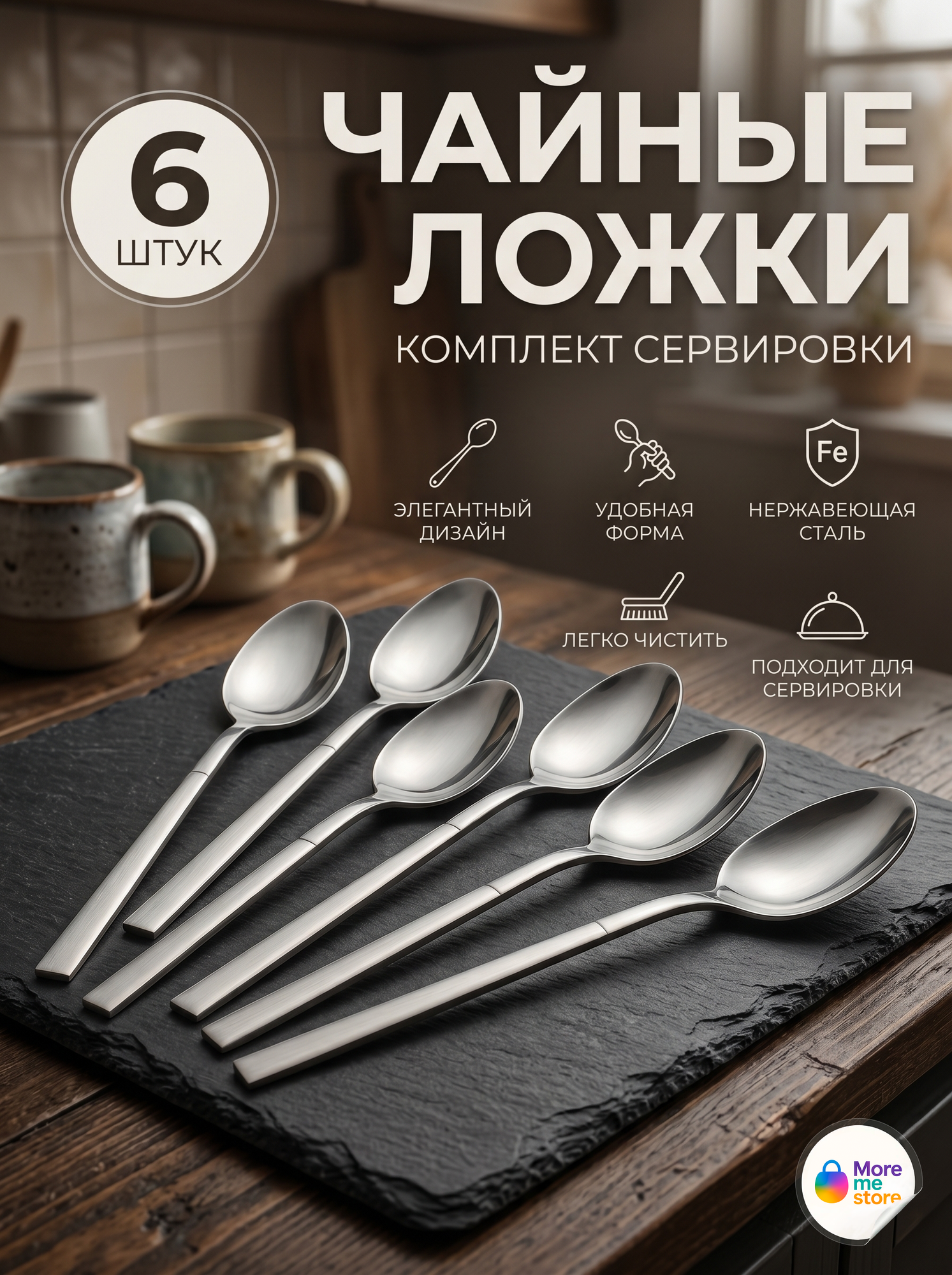 Набор чайных ложек, нержавеющая сталь, 6 шт, длина 15,5 см, серебристые