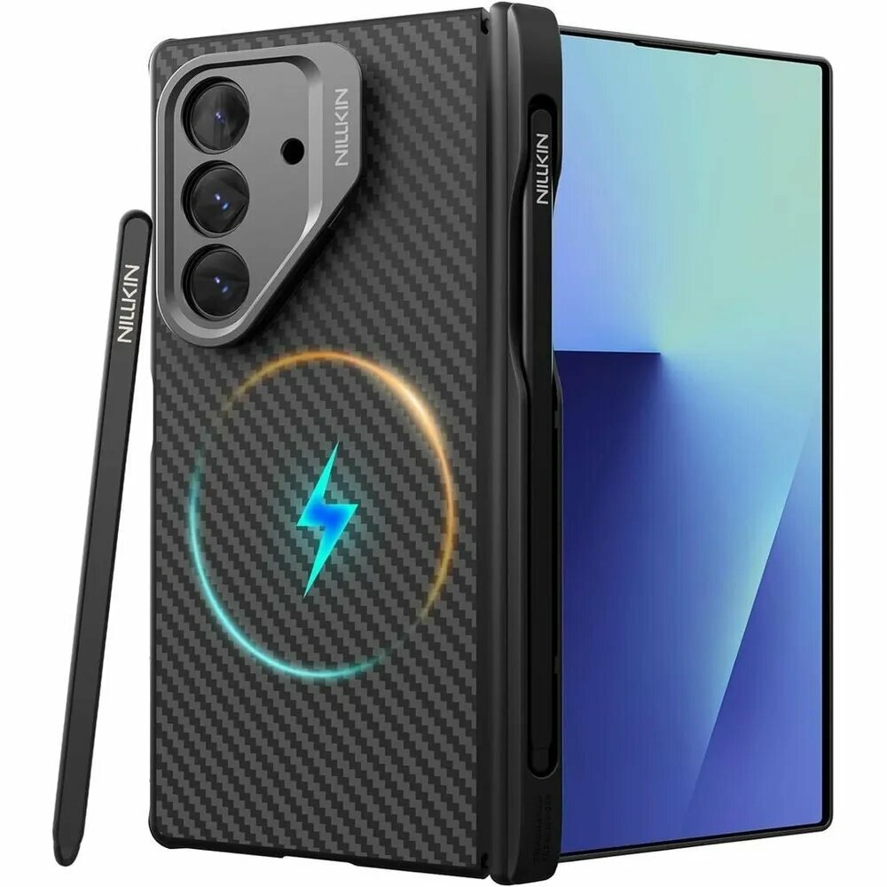 Тонкий магнитный чехол Nillkin из арамидного волокна для Samsung Galaxy Z Fold 7 W26, встроенная ручка для письма, регулируемая подставка, защита шарниров
