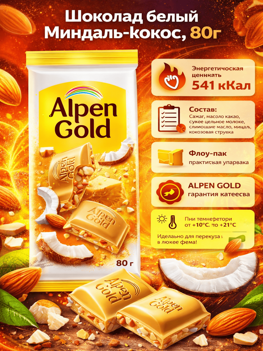 Шоколад белый Alpen Gold Миндаль-кокос, 80г