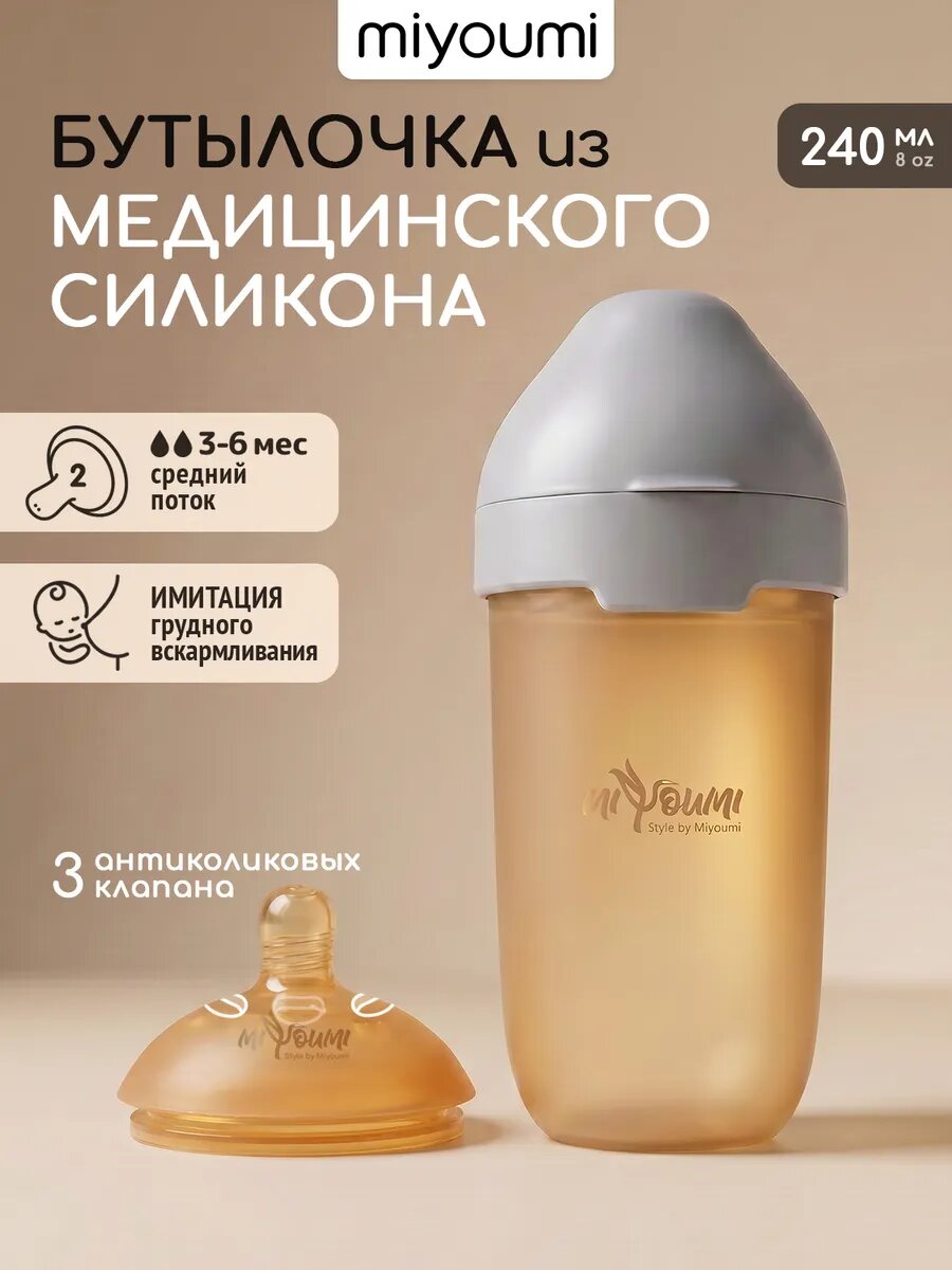 Силиконовая бутылочка для кормления Miyoumi, темная 240 мл 3-6мес.