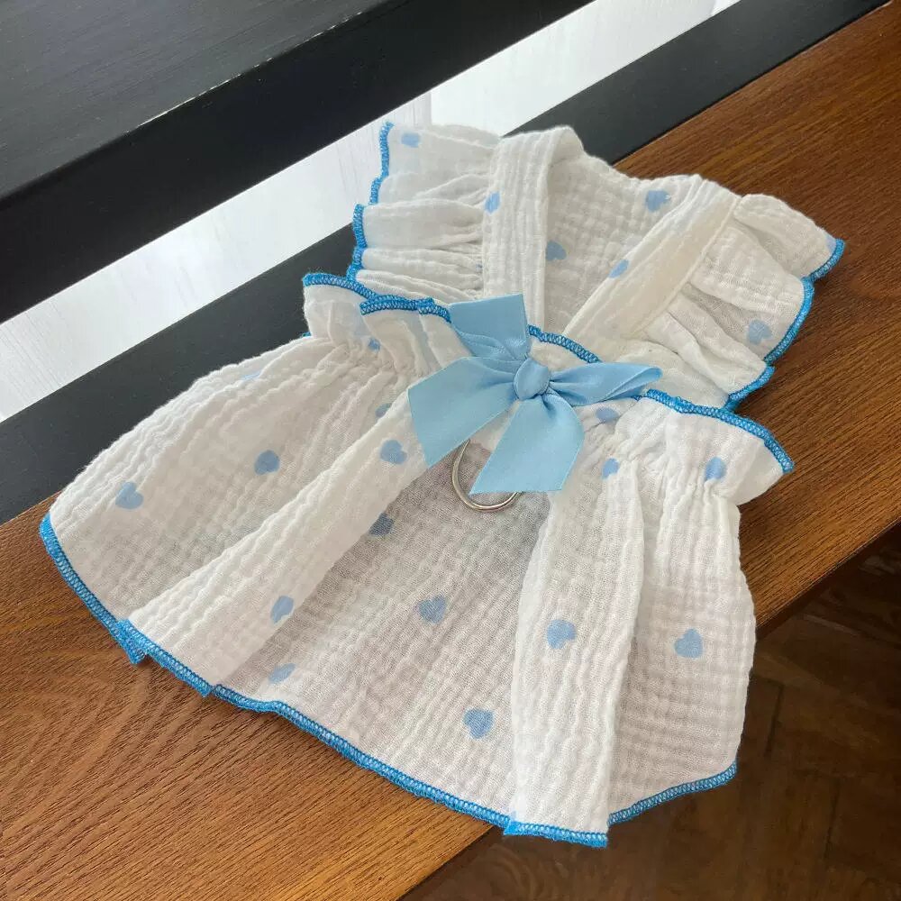 Синее платье с бантом и пышными рукавами для кошек и маленьких собак, летняя одежда, размер L (8-10 фунтов), мягкая
