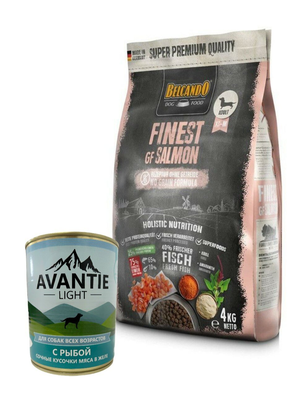 Belcando Finest Grain Free Salmon Сухой корм для собак, Лосось 4 кг + AVANTIE Влажный корм для собак, Рыба 850 гр