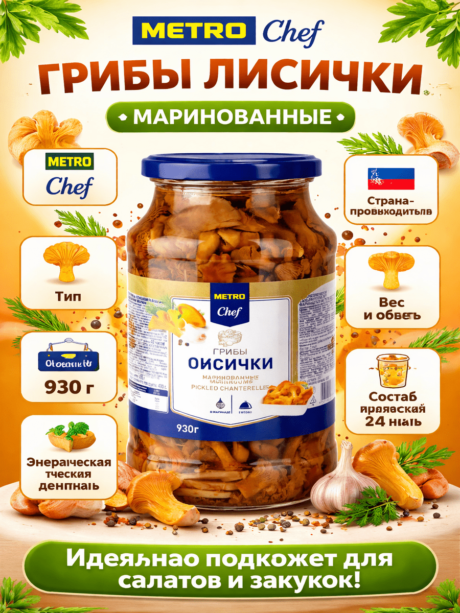 METRO Chef Грибы лисички маринованные, 930г