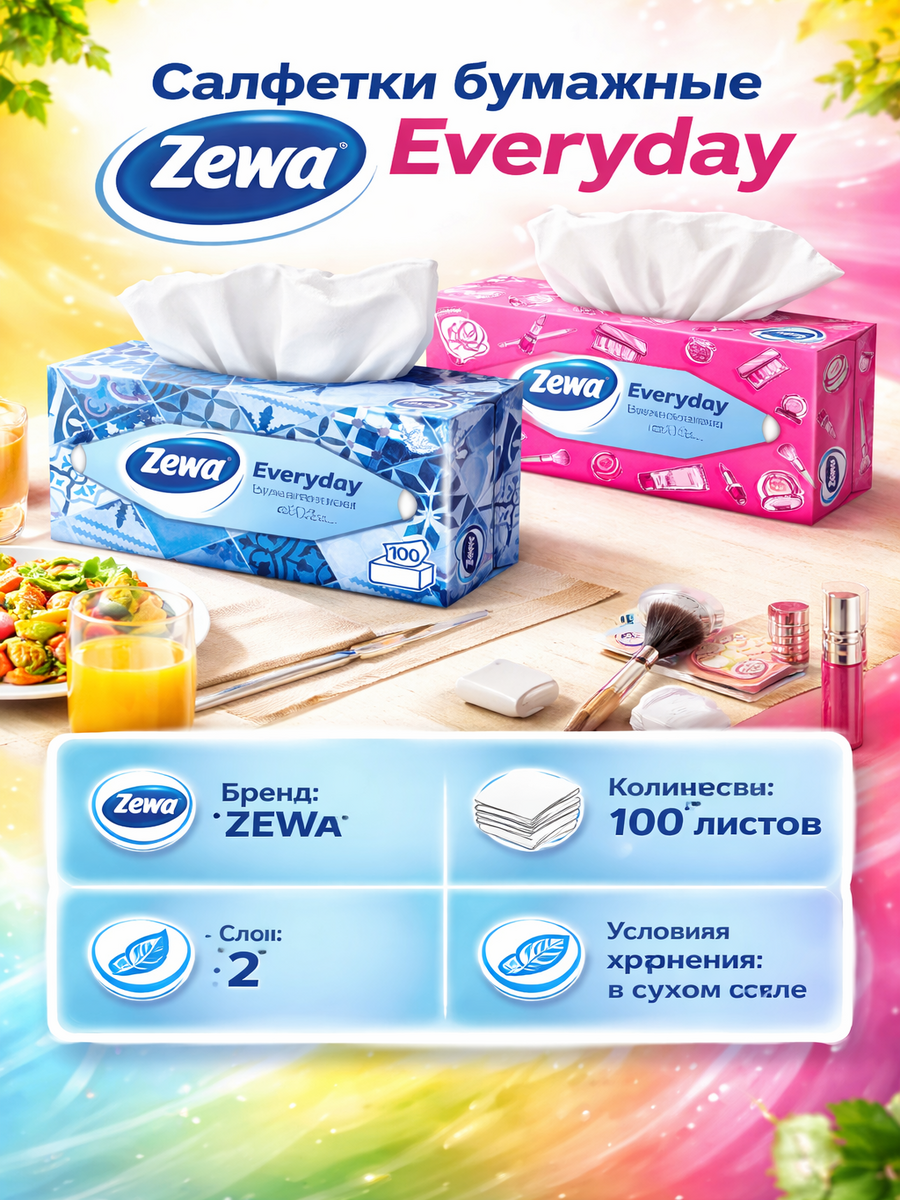 Салфетки бумажные Zewa Everyday 2 слоя в коробке, 100 листов