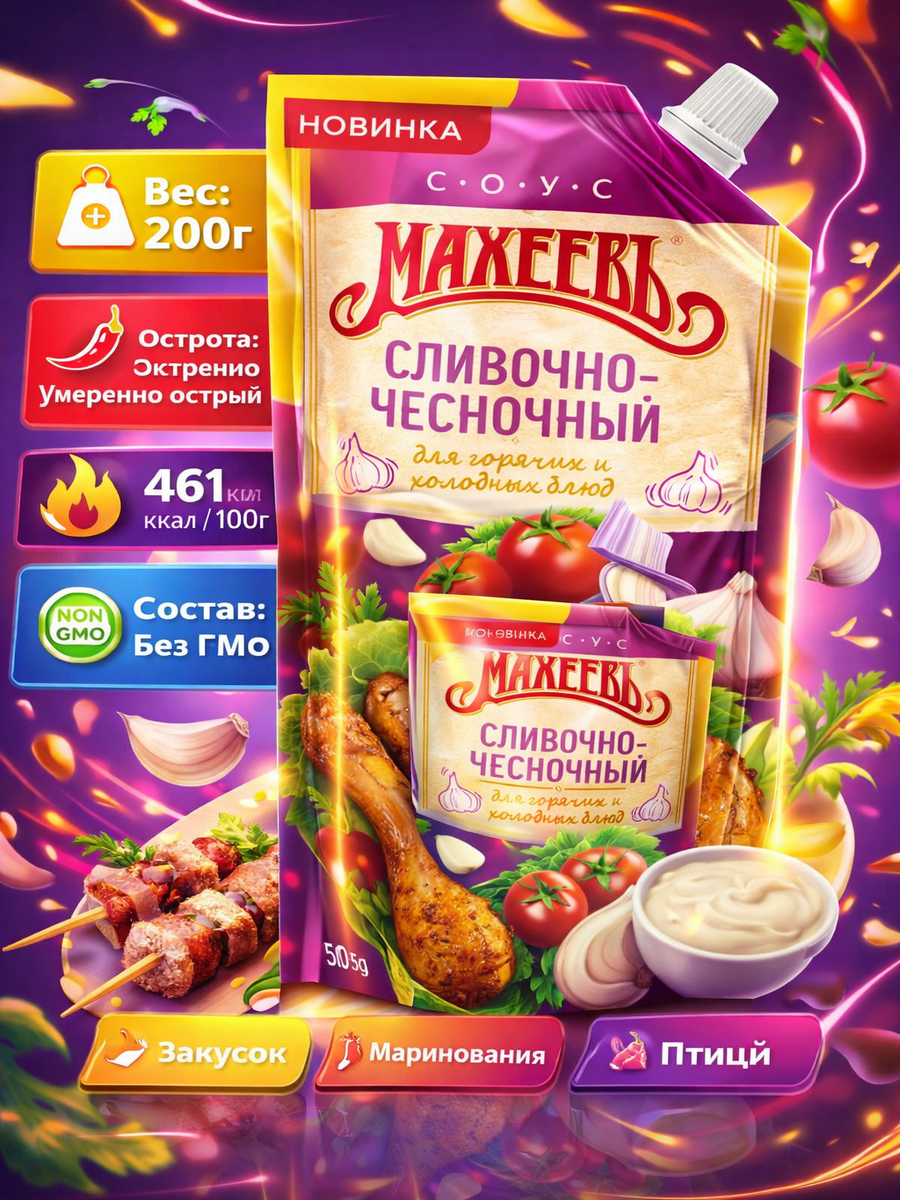 Соус майонезный махеевъ Сливочно-чесночный 50,5%, 200г x 2 упаковки