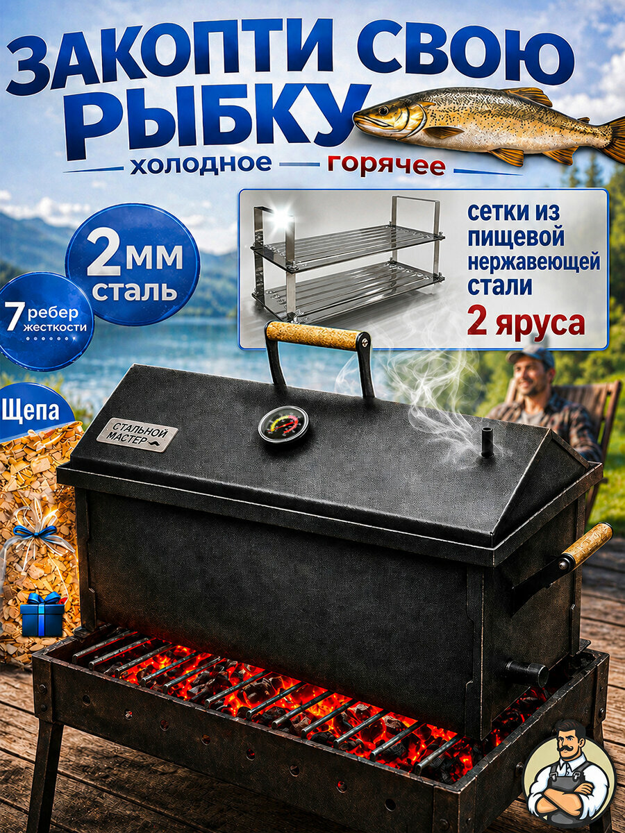 Коптильня горячего и холодного копчения, сталь 2мм, с решетками из нержавеющей стали, Стальной мастер