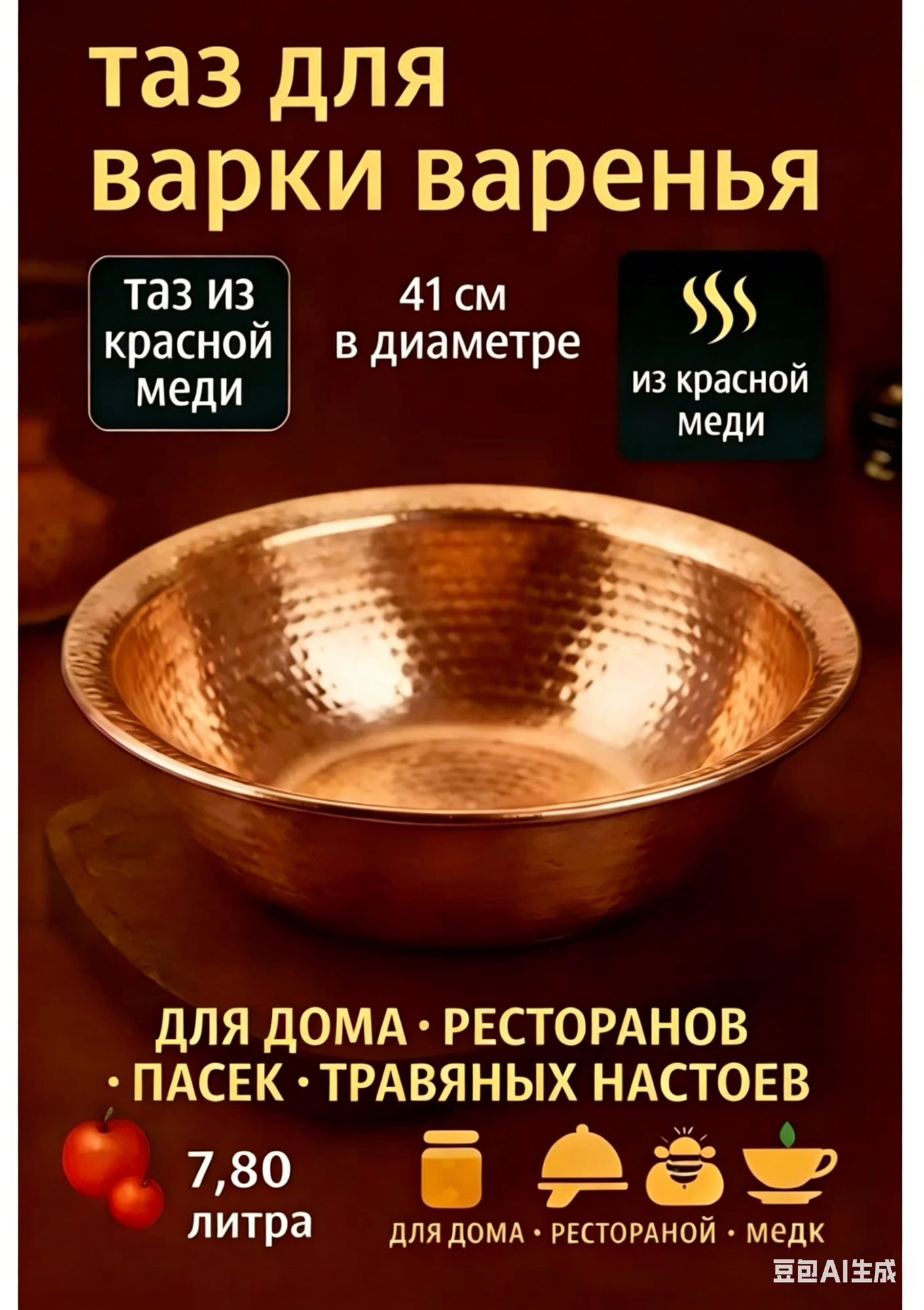 Таз медный для варки варенья 7,8 л, диаметр 41 см, из красной меди, для дома, ресторана и пасеки