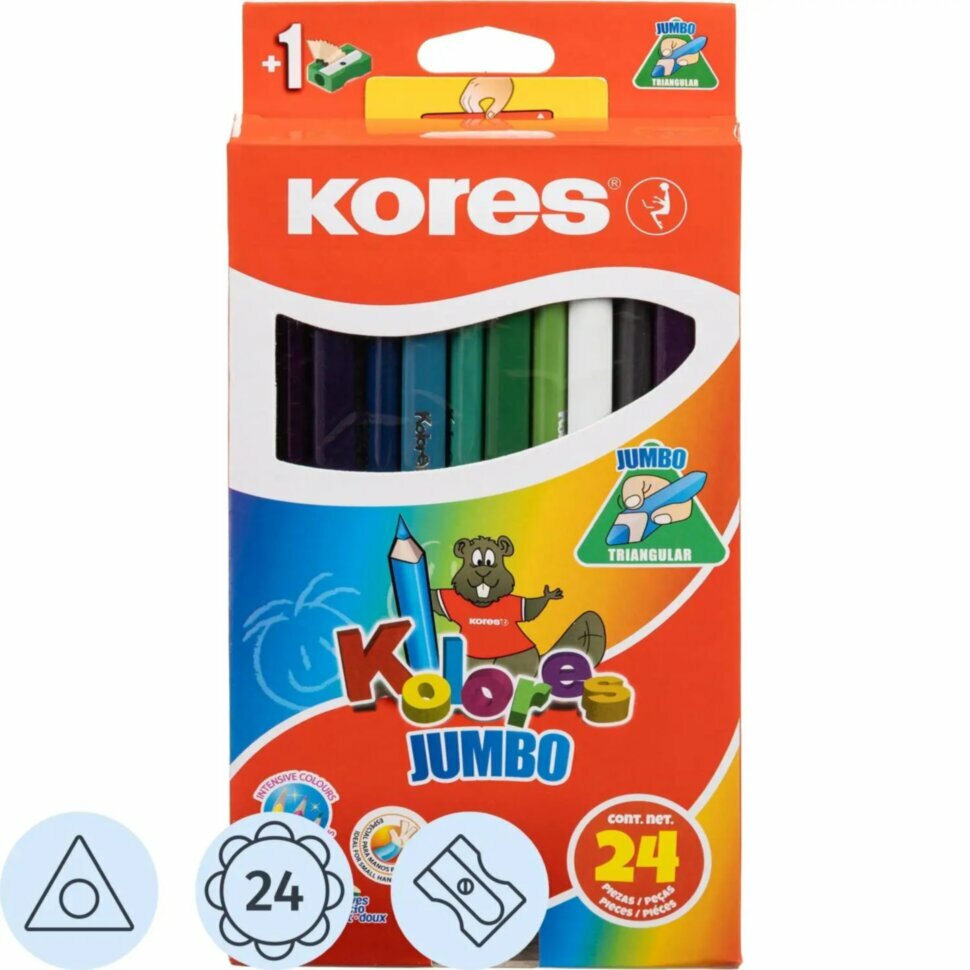 Карандаши цветные 24 цв. Kores Kolores Jumbo, трехгр, 5 мм, с точилкой, 93524, 1334938