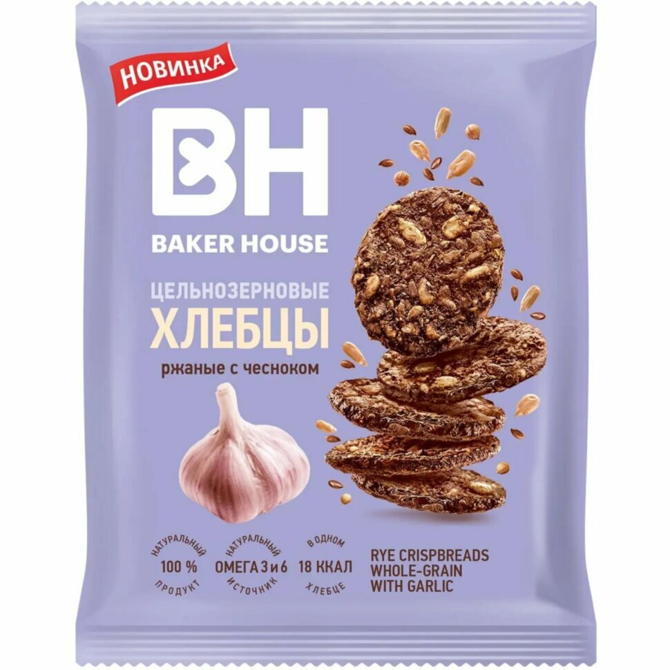 Хлебцы цельнозерновые Baker House ржаные с чесноком, 50г, 2392345