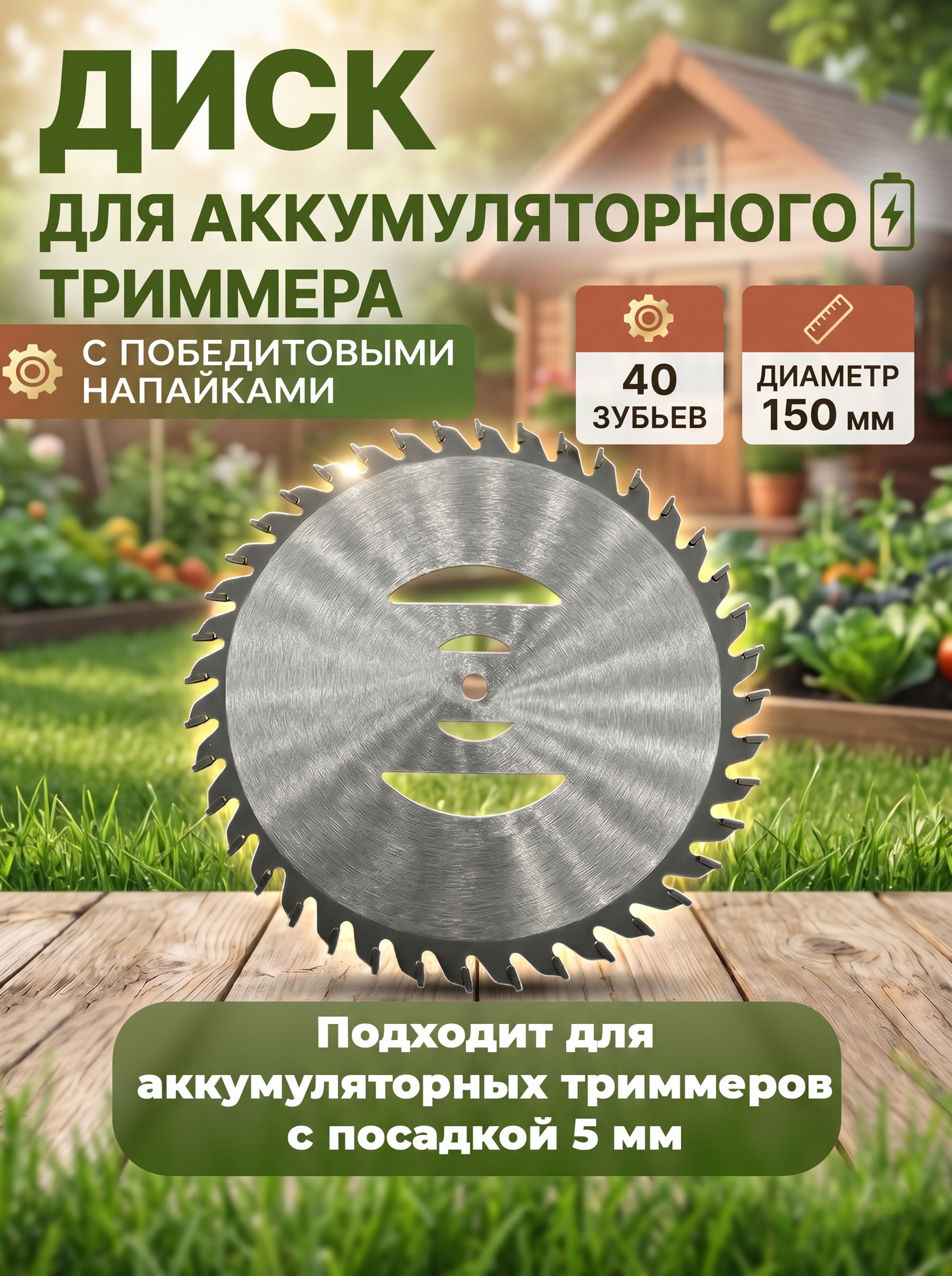 Диск нож 40 зубов 15 см посадка 5мм для аккумуляторного триммера с победитовыми напайками CBC03, CBC02 Krotof, DECO, ZITREK, DIMAX, VORTEX