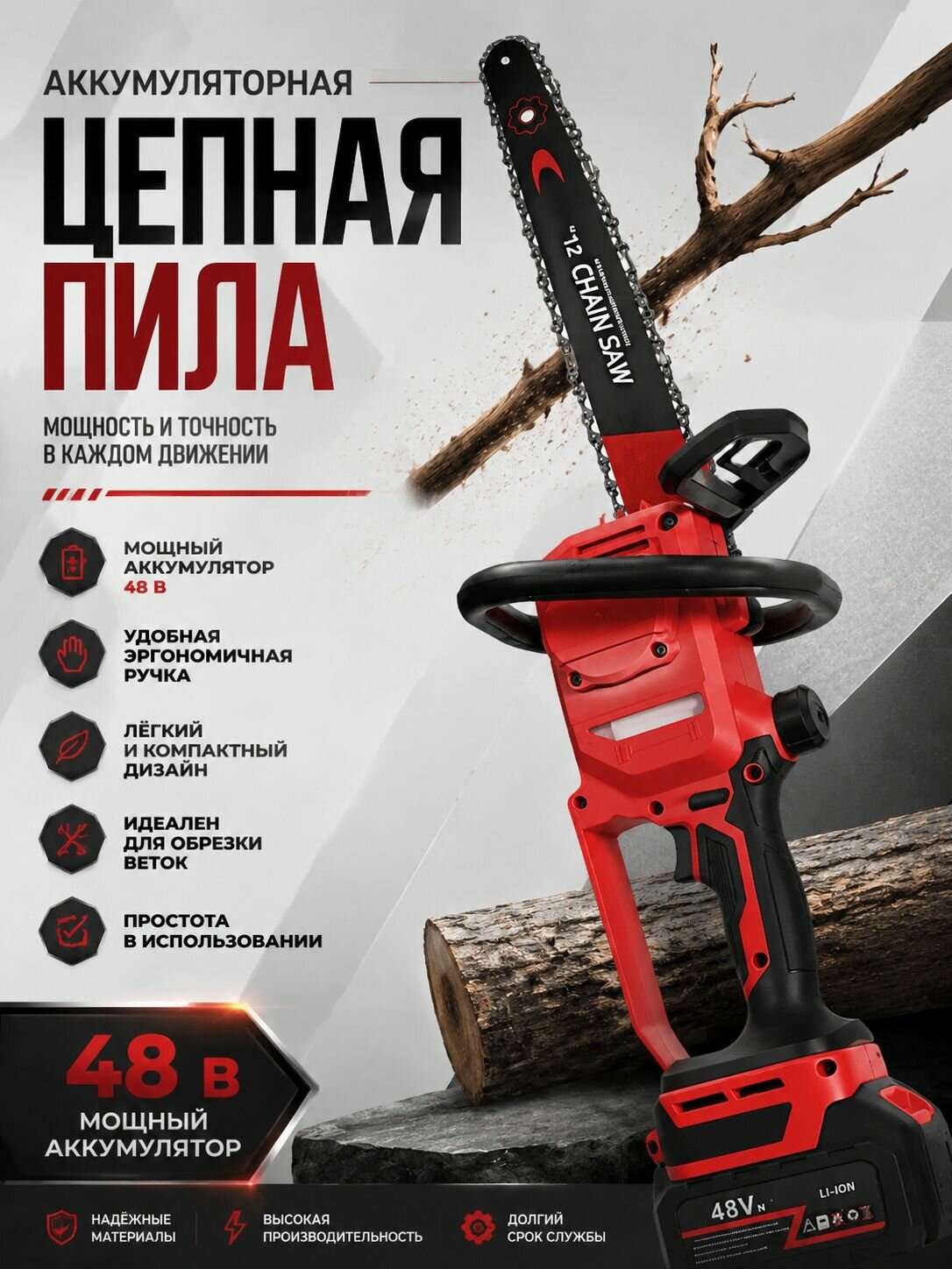 Пила цепная аккумуляторная12 дюймов в кейсе с 2 АКБ