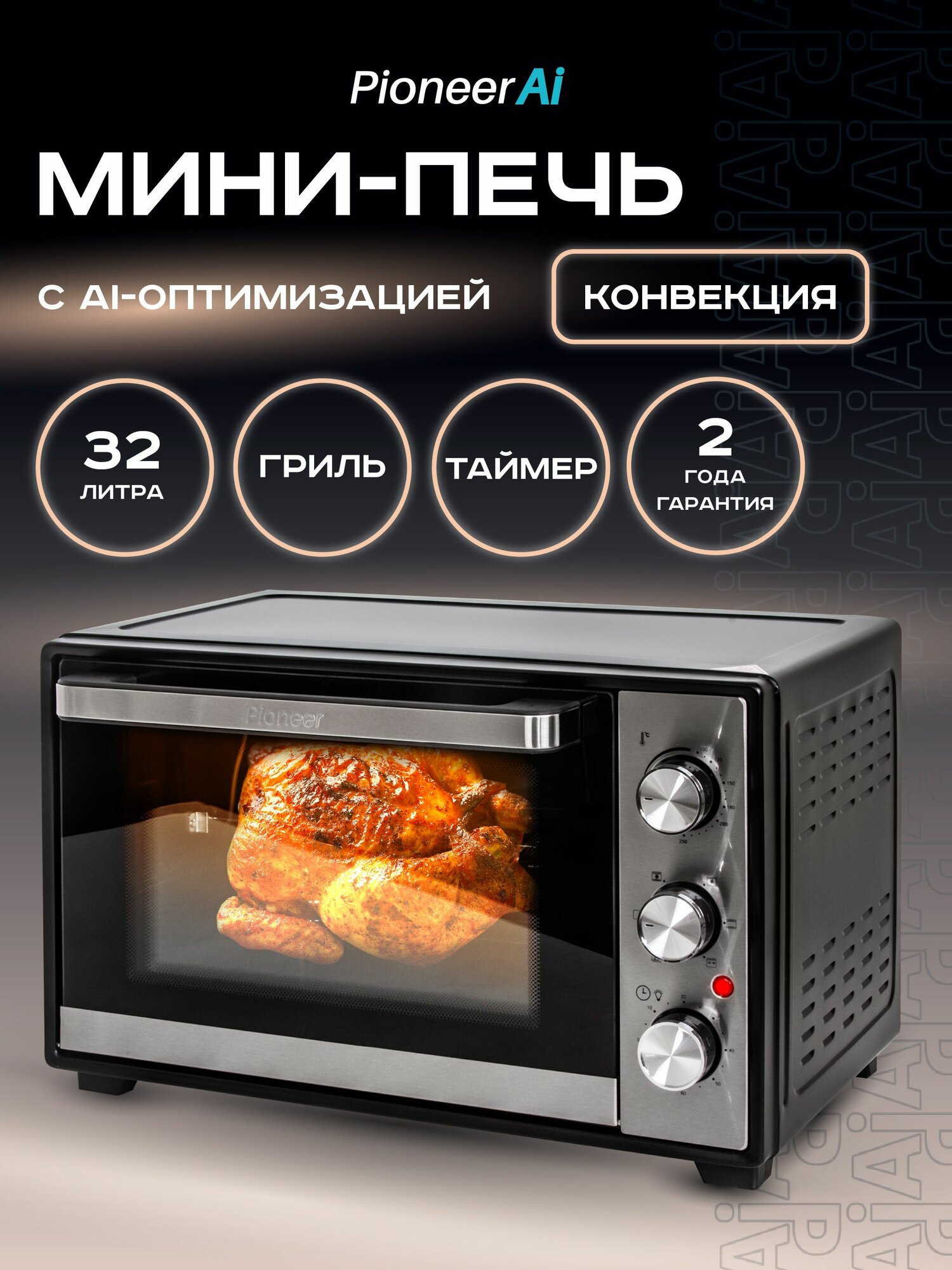 Мини печь электрическая 32л с конвекцией, грилем и двойным стеклом Pioneer MO5018G, вертел, форма для пиццы, насадка для шашлыка, 2 года гарантии, 1600 Вт