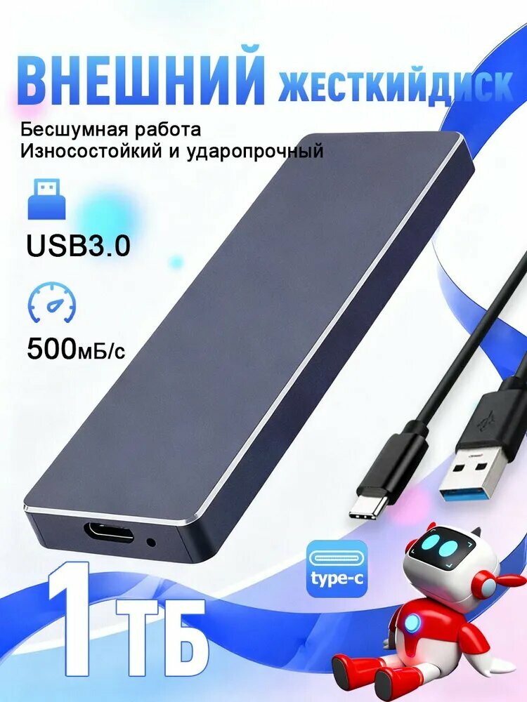 Внешний жесткий диск, 1ТБ, металл, серый, кабель Type-C, адаптер Mini USB