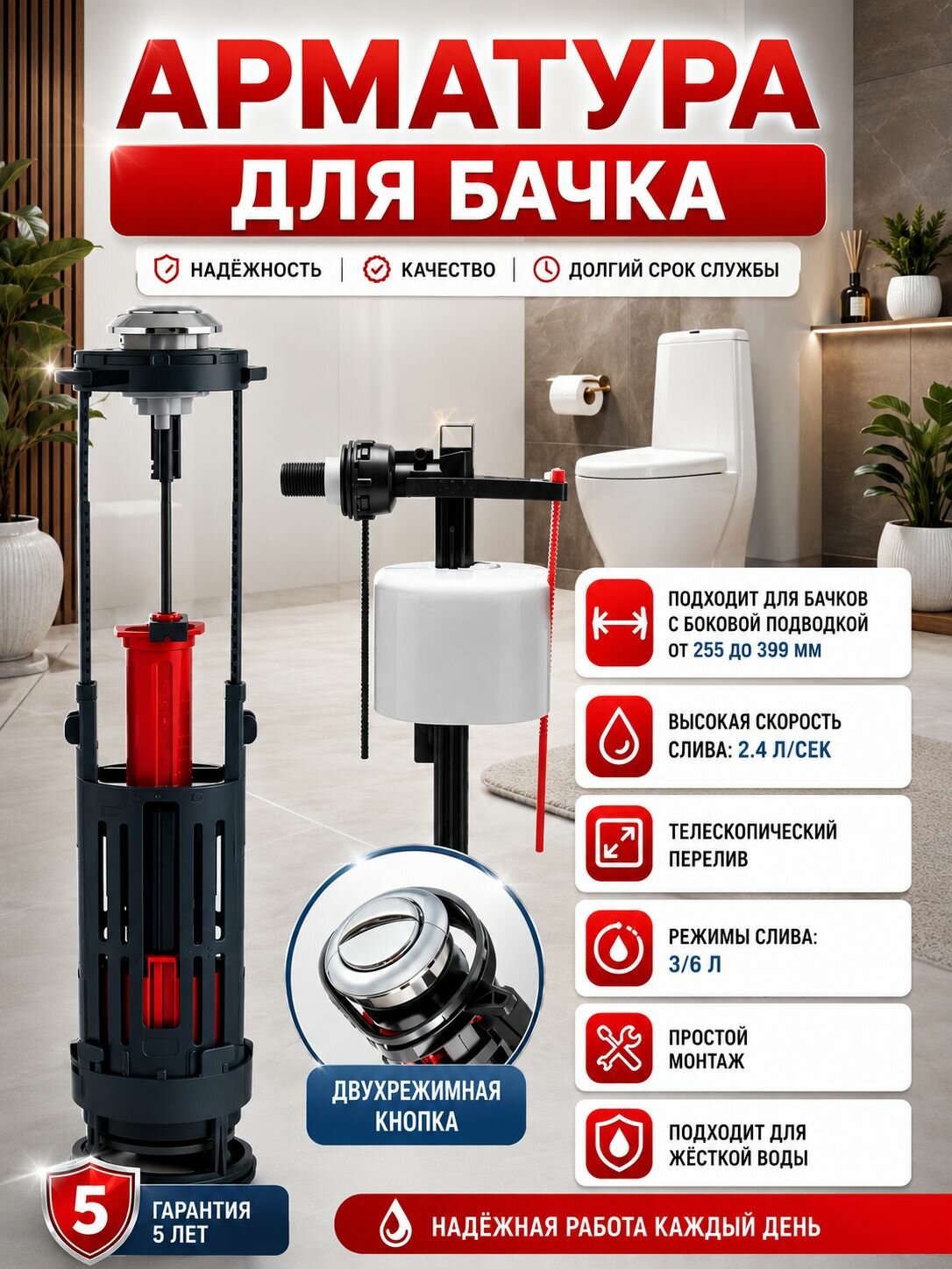 Арматура для бачка WIRQUIN боковая подводка двухрежимный механизм Wirquin ONE 3/6 L