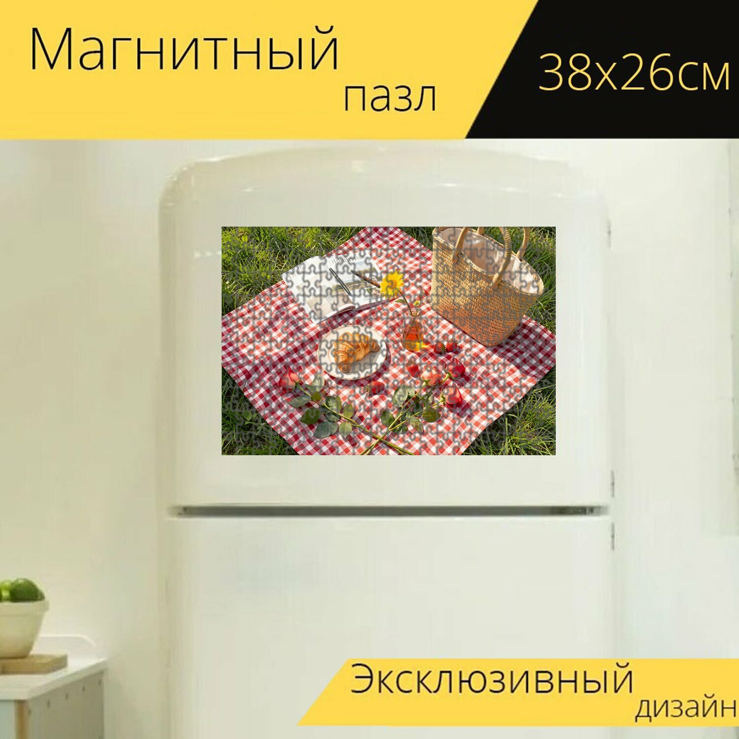 Магнитный пазл "Летний пикник на клетчатом пледе. Уютная композиция на траве: корзина из ротанга, круассан, клубника, журналы и алые розы. Солнечная." для интерьера, 38х26 см.